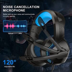 PHOINIKAS PS4 Gaming Headset with 7.1 Surround Sound, Xbox One Headset with Noise Canceling Mic & LED Light, H3 Over Ear Headphones, Compatible with Nintendo Switch, PC, PS4, Xbox One, Laptop (Blue)