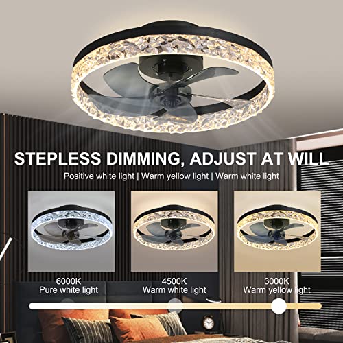 KINDLOV Modern Indoor Flush Mount Ceiling Fan with Lights,Dimmable Low Profile Ceiling Fans with Remote Control,Smart 3 Light Color Change and 6 Speeds for Bedroom Living Room Kitchen, Black