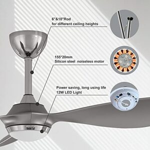 reiga 52-in Silver Ceiling Fan with Dimmable LED Light Kit Remote Control Modern Blades Reversible DC Motor, 6-speed, Timer