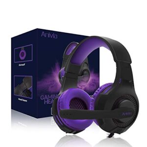 anivia computer wired over ear headphones updated ah68 stereo surround sound headsets gaming headset with hd mic, volume control, noise isolating, bass, 3.5mm audio-jack for multi-platforms, purple