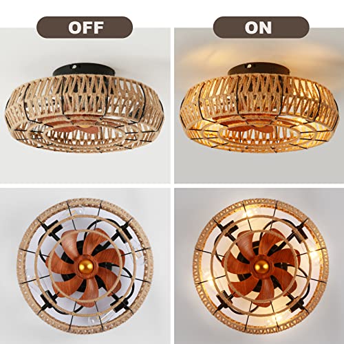 Letmarey 20" Cage Low Profile Bladeless Ceiling Fan with Light and Remote, Farmhouse Flush Mount Boho Ceiling Fans Light, Enclosed Industrial Ceiling Fan 6 Speed Reversible w/ 4 bulbs.