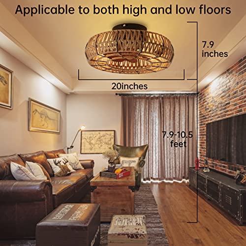 Letmarey 20" Cage Low Profile Bladeless Ceiling Fan with Light and Remote, Farmhouse Flush Mount Boho Ceiling Fans Light, Enclosed Industrial Ceiling Fan 6 Speed Reversible w/ 4 bulbs.