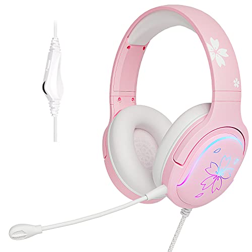 Mytrix Sakura Pink Cherry Blossoms Gaming Headset, 360° Rotation Mic, Soft Earmuff Headphone for PS4, PS5, Xbox, PC & MAC, Switch, RGB Gradient Light Effect