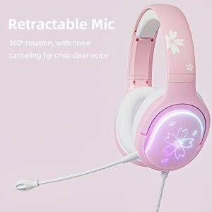 Mytrix Sakura Pink Cherry Blossoms Gaming Headset, 360° Rotation Mic, Soft Earmuff Headphone for PS4, PS5, Xbox, PC & MAC, Switch, RGB Gradient Light Effect