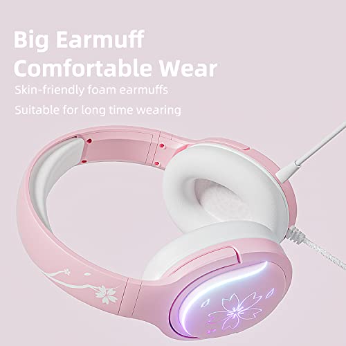 Mytrix Sakura Pink Cherry Blossoms Gaming Headset, 360° Rotation Mic, Soft Earmuff Headphone for PS4, PS5, Xbox, PC & MAC, Switch, RGB Gradient Light Effect