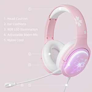 Mytrix Sakura Pink Cherry Blossoms Gaming Headset, 360° Rotation Mic, Soft Earmuff Headphone for PS4, PS5, Xbox, PC & MAC, Switch, RGB Gradient Light Effect