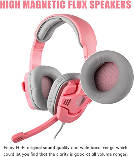 SADES SA708GT Stereo Gaming Headset for Xbox One, PS4, PC, Mobile, Noise Cancelling Over Ear Headphones with Mic & Bass Surround Soft Memory Earmuffs for Laptop Nintendo Switch Games-Pink