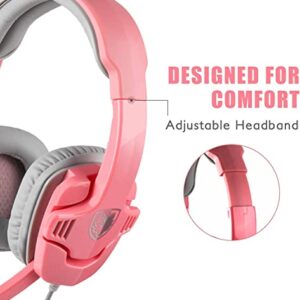 SADES SA708GT Stereo Gaming Headset for Xbox One, PS4, PC, Mobile, Noise Cancelling Over Ear Headphones with Mic & Bass Surround Soft Memory Earmuffs for Laptop Nintendo Switch Games-Pink