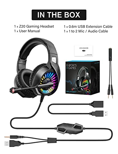 ZIUMIER Gaming Headset with Microphone, Compatible with PS4 PS5 Xbox One PC Laptop, Over-Ear Headphones with LED RGB Light, Noise Canceling Mic, 7.1 Stereo Surround Sound