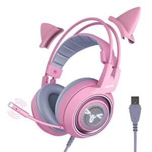 somic g951pink gaming headset for pc, ps4, ps5, laptop, cat ear headphone usb gaming headphones with mic noise cancelling, led light, 7.1 virtual surround sound for girls, women