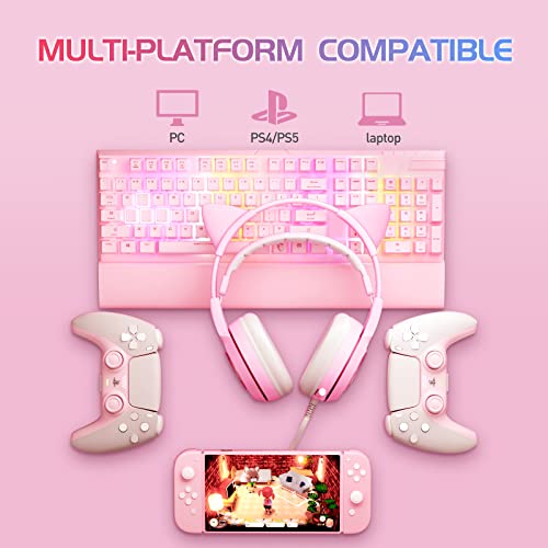 SOMIC G951pink Gaming Headset for PC, PS4, PS5, Laptop, Cat Ear Headphone USB Gaming Headphones with Mic Noise Cancelling, LED Light, 7.1 Virtual Surround Sound for Girls, Women