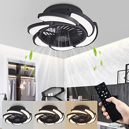 Ceiling Fan with Lights Remote Control Black, 18" Flush Mount Low Profile Fan, Modern Smart Ceiling Fan with Dimmable LED Light & 6 Speeds Reversible Blades Timing, Black Fan for Bedroom, Living Room