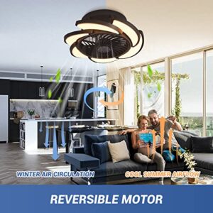 Ceiling Fan with Lights Remote Control Black, 18" Flush Mount Low Profile Fan, Modern Smart Ceiling Fan with Dimmable LED Light & 6 Speeds Reversible Blades Timing, Black Fan for Bedroom, Living Room