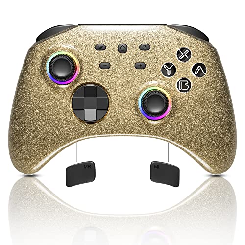 Mytrix Gold Wireless Switch Controller Compatible with Nintendo Switch/OLED/Lite Steam Deck, Pro Controller with Turbo, Motion, Vibration, Wake-Up, Headphone Jack and Dynamic Joystick RGB Lighting