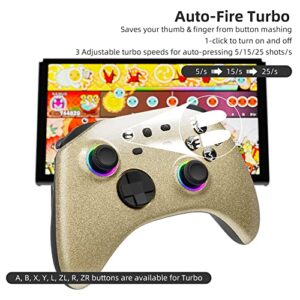 Mytrix Gold Wireless Switch Controller Compatible with Nintendo Switch/OLED/Lite Steam Deck, Pro Controller with Turbo, Motion, Vibration, Wake-Up, Headphone Jack and Dynamic Joystick RGB Lighting