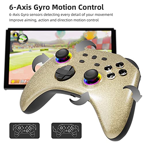 Mytrix Gold Wireless Switch Controller Compatible with Nintendo Switch/OLED/Lite Steam Deck, Pro Controller with Turbo, Motion, Vibration, Wake-Up, Headphone Jack and Dynamic Joystick RGB Lighting