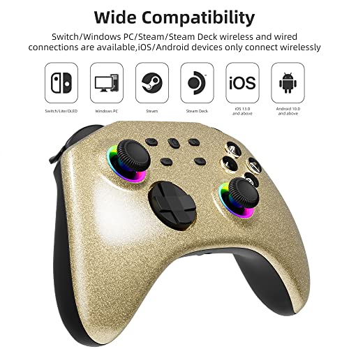 Mytrix Gold Wireless Switch Controller Compatible with Nintendo Switch/OLED/Lite Steam Deck, Pro Controller with Turbo, Motion, Vibration, Wake-Up, Headphone Jack and Dynamic Joystick RGB Lighting