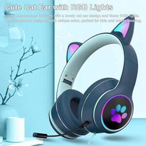 LVOERTUIG Cat Ear Headphones,Foldable and Stretchable Wireless Bluetooth Gaming Headset with RGB LED Light Wired Gaming Headset Stereo Sound,Over Ear Headphones Gift for Kids and Adult