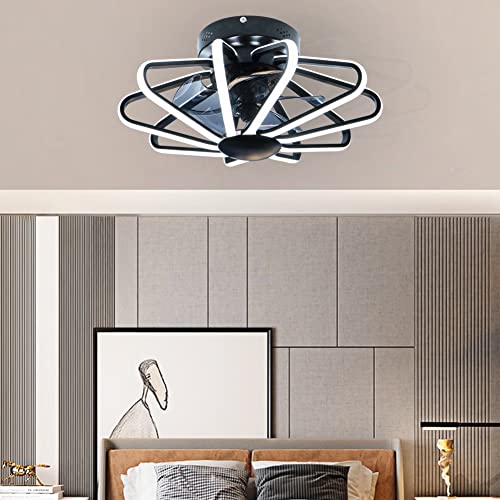 Veunsic Ceiling Fan with Light and Remote Control Modern LED 3 Light Color/Fan Speed, Time Setting, Low Profile Flush Mount Cage Shape Fandelier, 50cm/19.7Inch