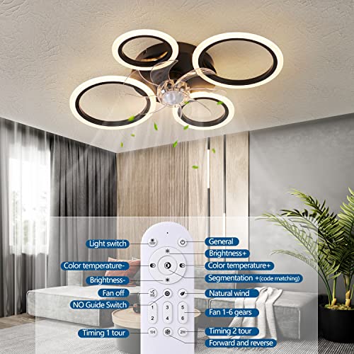 HuixuTe 26" Geometric Personality Ceiling Fan with Lights Remote Control, 3 Colors 6 Speeds Bladeless Ceiling Fan, Low Profile Ceiling Fan with Light for Kitchen Bedroom