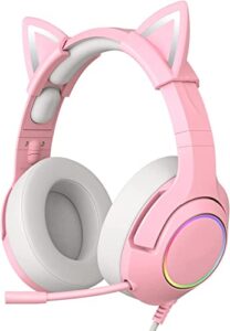 phnixgam pink girl gaming headset for ps4, ps5, xbox one(no adapter), wired over-ear headphones with detachable cat ears, noise cancelling microphone, rgb backlight, surround sound for pc