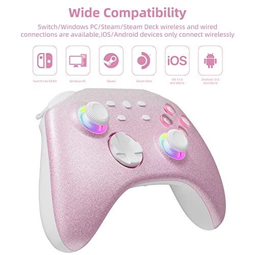 Gradient Pink Wireless Switch Controller Compatible with Nintendo Switch/OLED/Lite Steam Deck, Mytrix Pro Controller with Turbo, Motion, Vibration, Wake-Up, Headphone Jack and Dynamic Joystick RGB Lighting