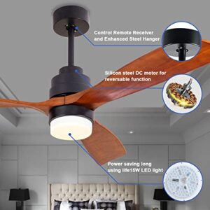 52'' Ceiling Fans with Lights Remote Control, Wood 3 Blade Ceiling Fan with Quiet Reversible DC Motor/Sleep Timer/6 Speeds, for Outdoor Indoor Bedroom Patios Farmhouse Living Room…