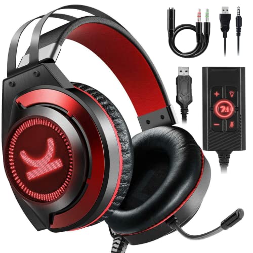 E-YEEGER Gaming Headset PS4 Headset with 7.1 Surround Sound Stereo Xbox One Headset, Gaming Headphones with Noise Canceling Mic & Memory Foam Ear Pads for PC/PS4/PS5/Xbox one/Nintendo Switch Red