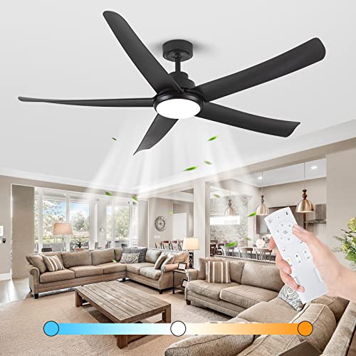 YZEENM Outdoor Ceiling Fan with Light, 60 Inch Black Ceiling Fan with Remote, Modern Dimmable LED Ceiling Fan Light with 5 ABS Blades, Farmhouse Reversible DC Motor Ceiling Fans for Patios Bedrooms