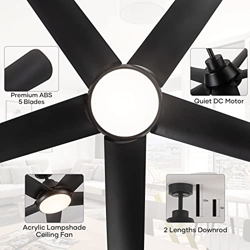 YZEENM Outdoor Ceiling Fan with Light, 60 Inch Black Ceiling Fan with Remote, Modern Dimmable LED Ceiling Fan Light with 5 ABS Blades, Farmhouse Reversible DC Motor Ceiling Fans for Patios Bedrooms