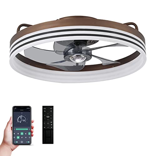 Letmarey Flush Mount Low Profile Ceiling Fans with Lights and Remote Control, 18" Modern Ceiling Fan Light 5 Blades 6 Speed Reversible LED Dimmable, for Indoor Installation. (Coffee)