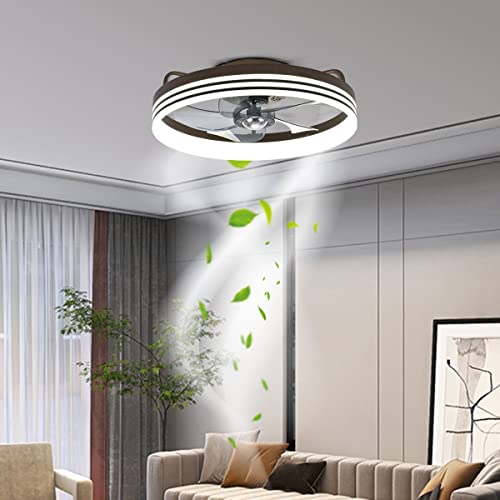 Letmarey Flush Mount Low Profile Ceiling Fans with Lights and Remote Control, 18" Modern Ceiling Fan Light 5 Blades 6 Speed Reversible LED Dimmable, for Indoor Installation. (Coffee)