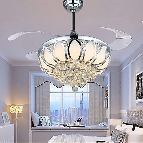 and Practical Indoor Pendant Ceiling L Invisible Crystal Fan LED Chandelier Home Living Room Bedroom Varble Frequency Ceiling Fan Light with Remote Control, Size:42 Inch 141 Three Color