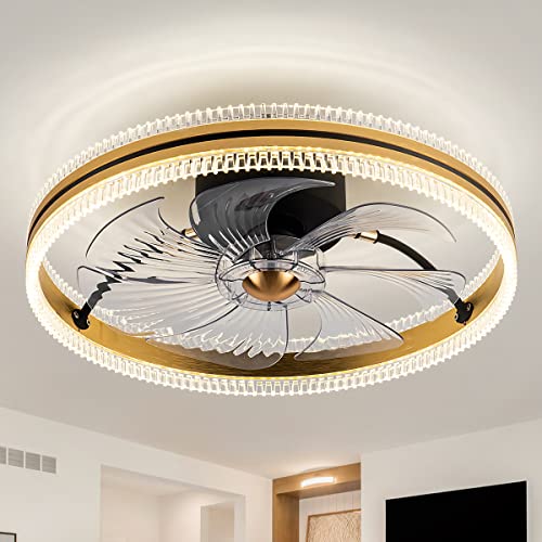 EKIZNSN Low Profile Flush Mount Ceiling Fan for Bedroom, 20'' Bladeless Ceiling Fans with Lights, Gold