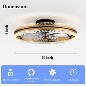 EKIZNSN Low Profile Flush Mount Ceiling Fan for Bedroom, 20'' Bladeless Ceiling Fans with Lights, Gold