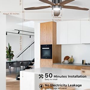 Ensenior 52” Ceiling Fan with Light Remote Control, 5CCT selectable, Dimmable, 1000 Lumens, 15W LED, 5 Wood Blades and Reversible DC Motor, for Bedroom and Living Room, Black, (338)