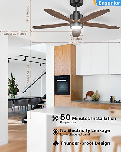 Ensenior 52” Ceiling Fan with Light Remote Control, 5CCT selectable, Dimmable, 1000 Lumens, 15W LED, 5 Wood Blades and Reversible DC Motor, for Bedroom and Living Room, Black, (338)