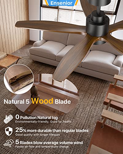 Ensenior 52” Ceiling Fan with Light Remote Control, 5CCT selectable, Dimmable, 1000 Lumens, 15W LED, 5 Wood Blades and Reversible DC Motor, for Bedroom and Living Room, Black, (338)