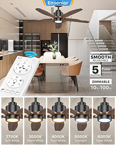 Ensenior 52” Ceiling Fan with Light Remote Control, 5CCT selectable, Dimmable, 1000 Lumens, 15W LED, 5 Wood Blades and Reversible DC Motor, for Bedroom and Living Room, Black, (338)