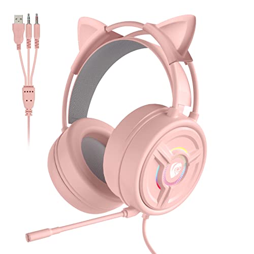 Atrasee 7.1 Surround Sound Cat Ear Gaming Headset with Mic for PS4 PC PS5 Xbox One Nintendo, Noise Cancelling Kitty Headphones w/LED Lights, Soft Earmuff, 3.5mm Aux for Mac Laptop Girls Kids, Pink