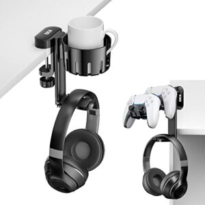 kdd rotatable headphone hanger - 3 in 1 under desk clamp controller stand replaceable cup holder - compatible with universal headset, controller, cup(black)