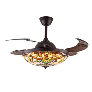 yaminie 42" tiffany invisible ceiling fan,retractable invisible ceiling fan retro stained glass led chandelier 3 speeds 3 light changes fandelier chandelier fan for bedroom dining living room