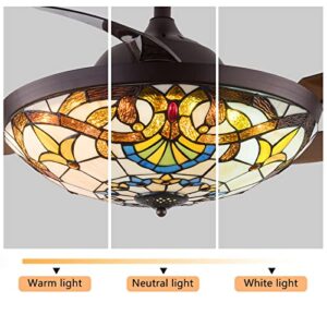 Yaminie 42" Tiffany Invisible Ceiling Fan,Retractable Invisible Ceiling Fan Retro Stained Glass LED Chandelier 3 Speeds 3 Light Changes Fandelier Chandelier Fan for Bedroom Dining Living Room