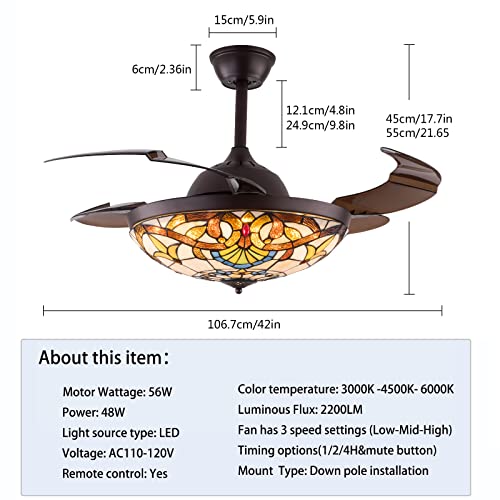 Yaminie 42" Tiffany Invisible Ceiling Fan,Retractable Invisible Ceiling Fan Retro Stained Glass LED Chandelier 3 Speeds 3 Light Changes Fandelier Chandelier Fan for Bedroom Dining Living Room