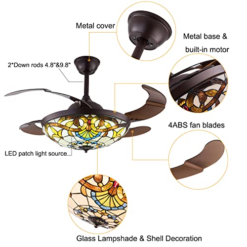 Yaminie 42" Tiffany Invisible Ceiling Fan,Retractable Invisible Ceiling Fan Retro Stained Glass LED Chandelier 3 Speeds 3 Light Changes Fandelier Chandelier Fan for Bedroom Dining Living Room