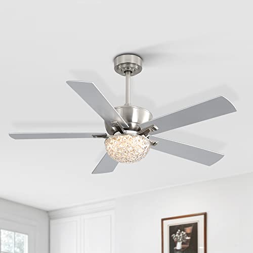 Breezary 52" Ceiling Fans with LED Lights Remote Control, 5 Reversible Blade Chandelier Crystal Lighting Ceiling Fan for Bedroom Home Office