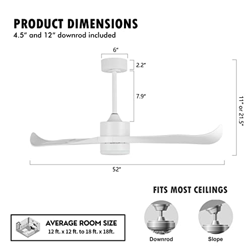 WINGBO 52" DC Ceiling Fan with Lights and Remote, White Ceiling Fan, 2 Curved ABS Blades, 6-Speed Reversible DC Motor, Modern Ceiling Fan for Kitchen Bedroom Living Room, ETL Listed