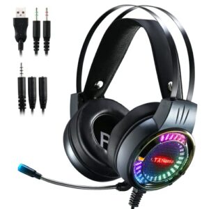 gaming headset, ltxhorde rgb pc headset with noise cancelling microphone, over ear gaming headphones, surround sound, stereo bass, led lights, wired gamer headset for laptop, ps4, ps5, switch, xbox