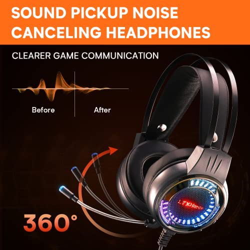 Gaming Headset, LTXHorde RGB PC Headset with Noise Cancelling Microphone, Over Ear Gaming Headphones, Surround Sound, Stereo Bass, LED Lights, Wired Gamer Headset for Laptop, PS4, PS5, Switch, Xbox