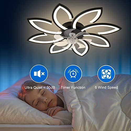 ZHMDJDSH Ceiling Fan with Light Remote Control, 35" 6 Speeds 3 Colors Geometric Bladeless Ceiling Fan with Lights, Black Low Profile Flush Mount Ceiling Fan for Kitchen Bedroom Living Room